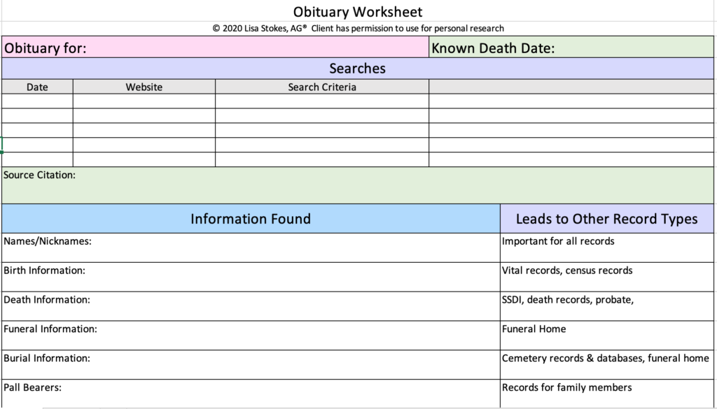 free obituary worksheet Archives – Lisa Stokes Heritage Research